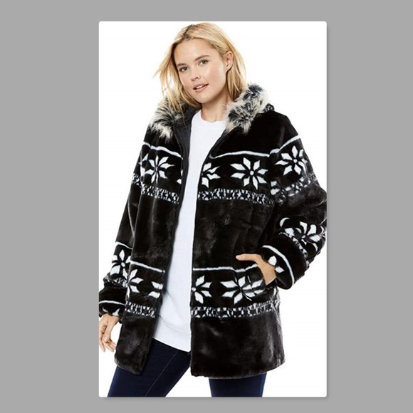 Woman Within | Jackets & Coats | Woman Within Plus Size 3x Black Faux Fur Snowflake Print Hooded ...